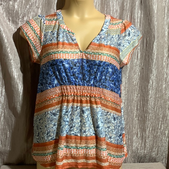 ONE WORLD | Tops | One World Top Blouse Red Blue White Floral Lp | Poshmark